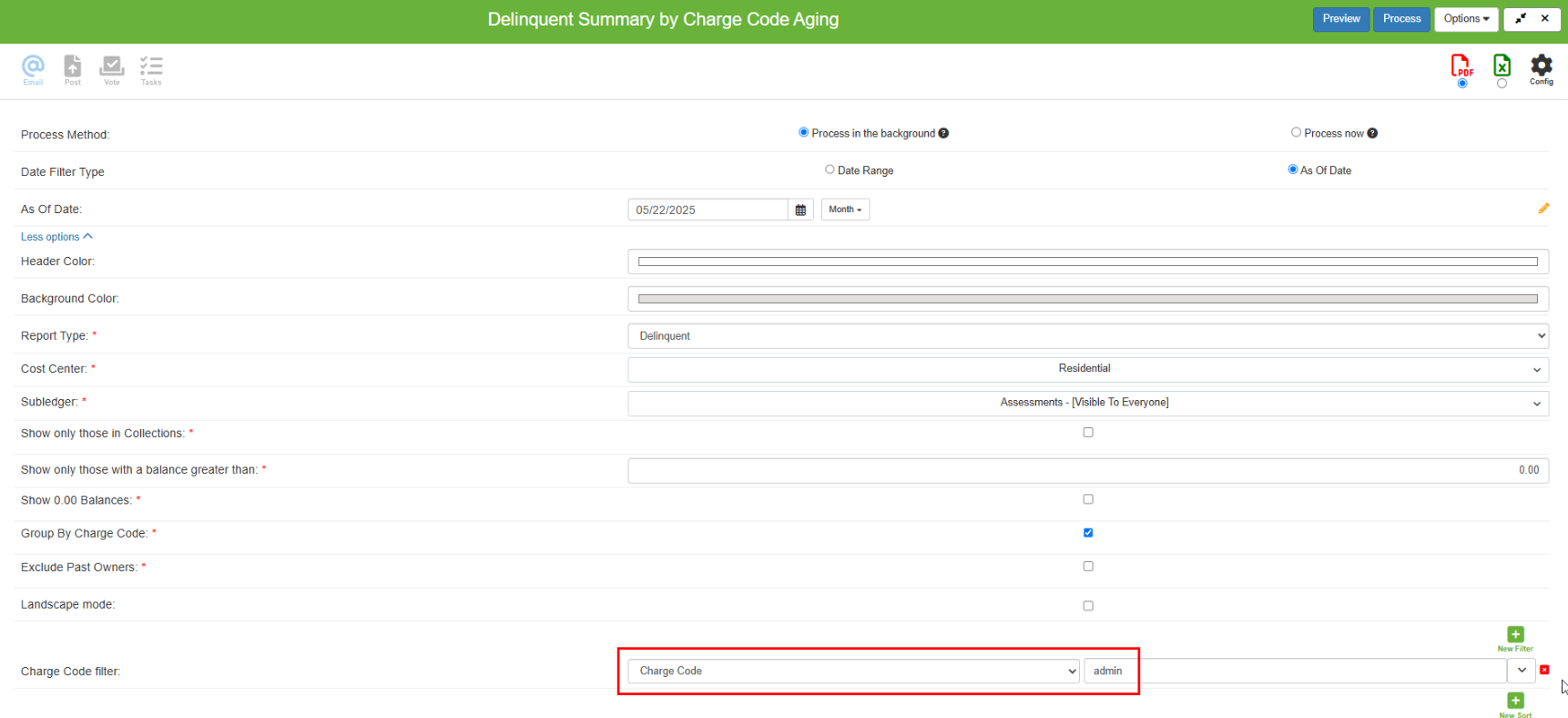 Filtering Delinquent Summary by Charge Code Aging Report by Charge Code